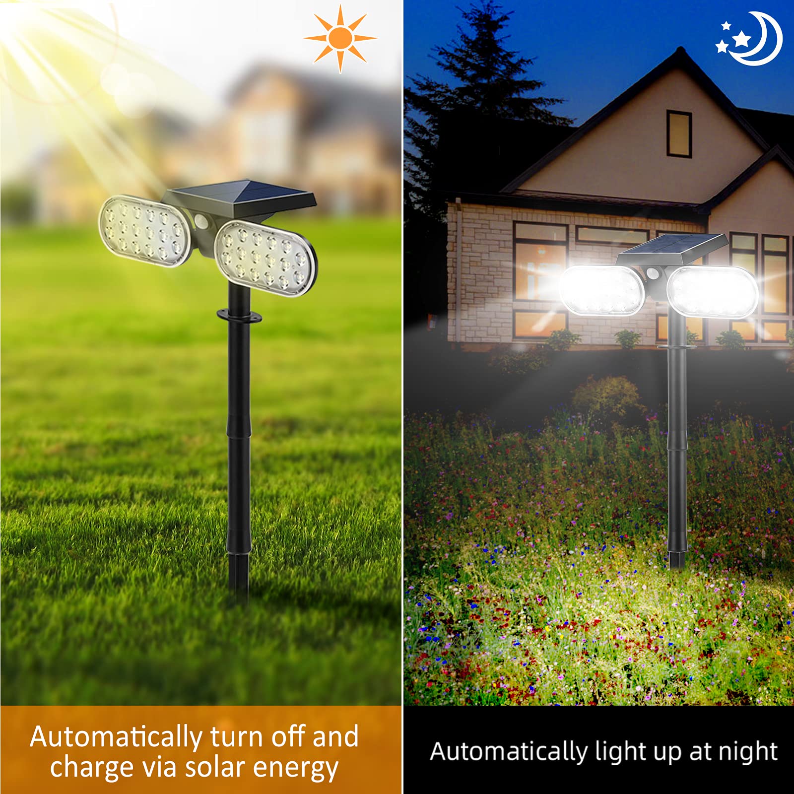 EMANER Motion Solar Lights Outdoor, Solar Floodlight, Stay On or Motion Sensor Mode, Dusk to Dawn Security Light, Landscape Spotlights for Garage Fence Driveway Solar Powered, 2-Pack