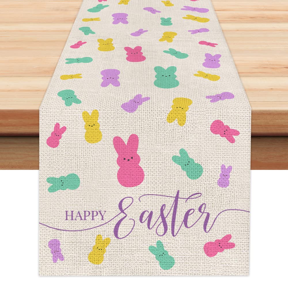 ARKENY Happy Easter Table Runner 13x72 Inches Color Bunny Seasonal Spring Decor Holiday Farmhouse Indoor Vintage Rabbit Theme Gathering Dinner Party Decorations