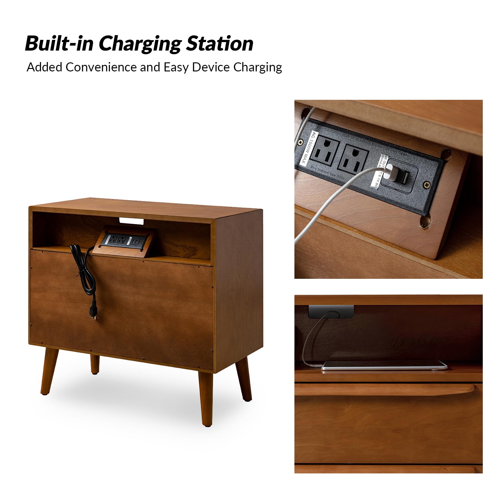 HULALA HOME Nightstand with Charging Station, Set of 2 Mid-Century Modern 2 Drawer and Open Shelf Dresser for Bedroom, Fluted Bedside Table, Acorn