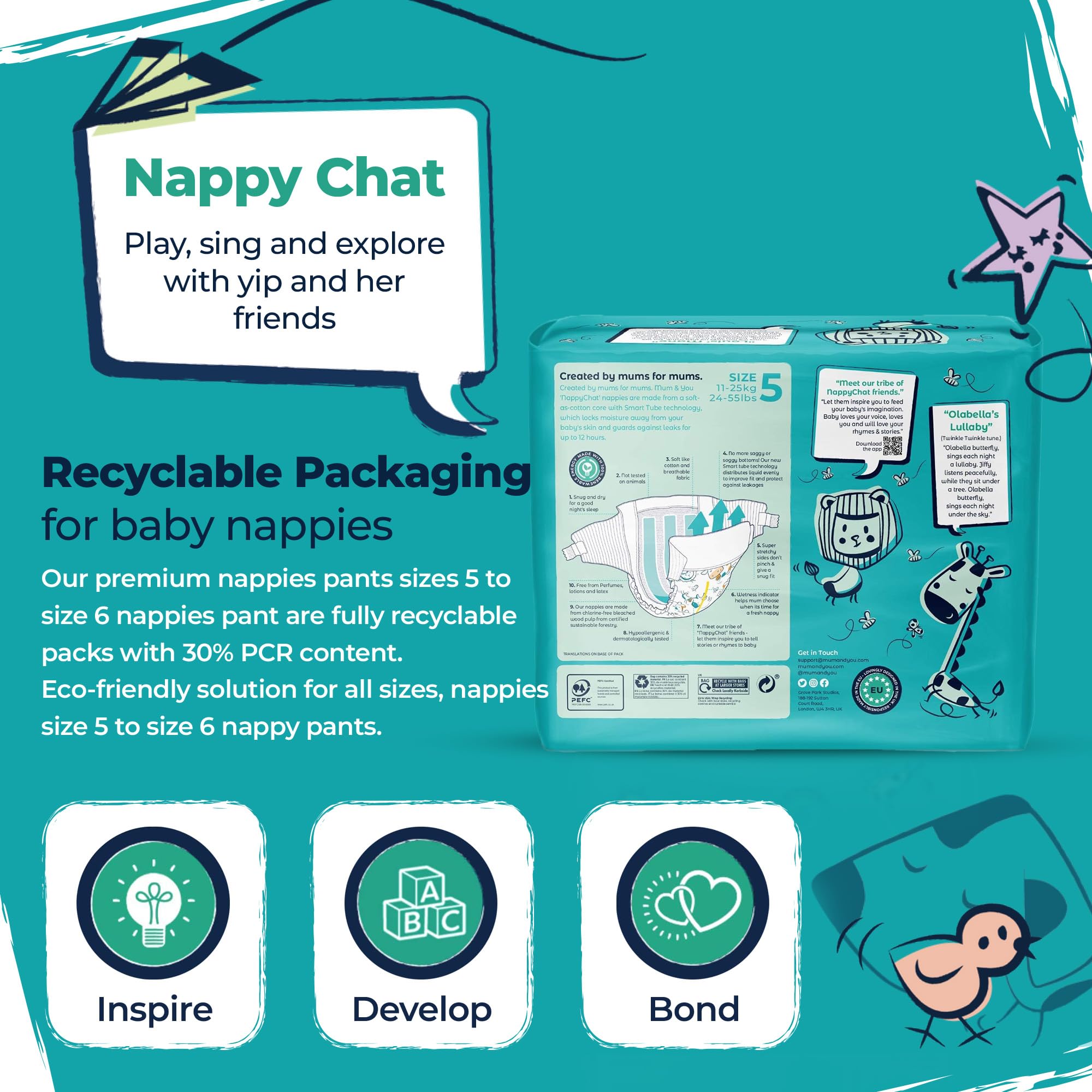 Mum & You Nappychat Premium Performance Eco Diapers, Size 5 (36 Diapers) Smart Tube Technology Leak Protection. 100% Recyclable. Hypoallergenic, Dermatologically-Tested. No Lotion, Perfume or Dyes.