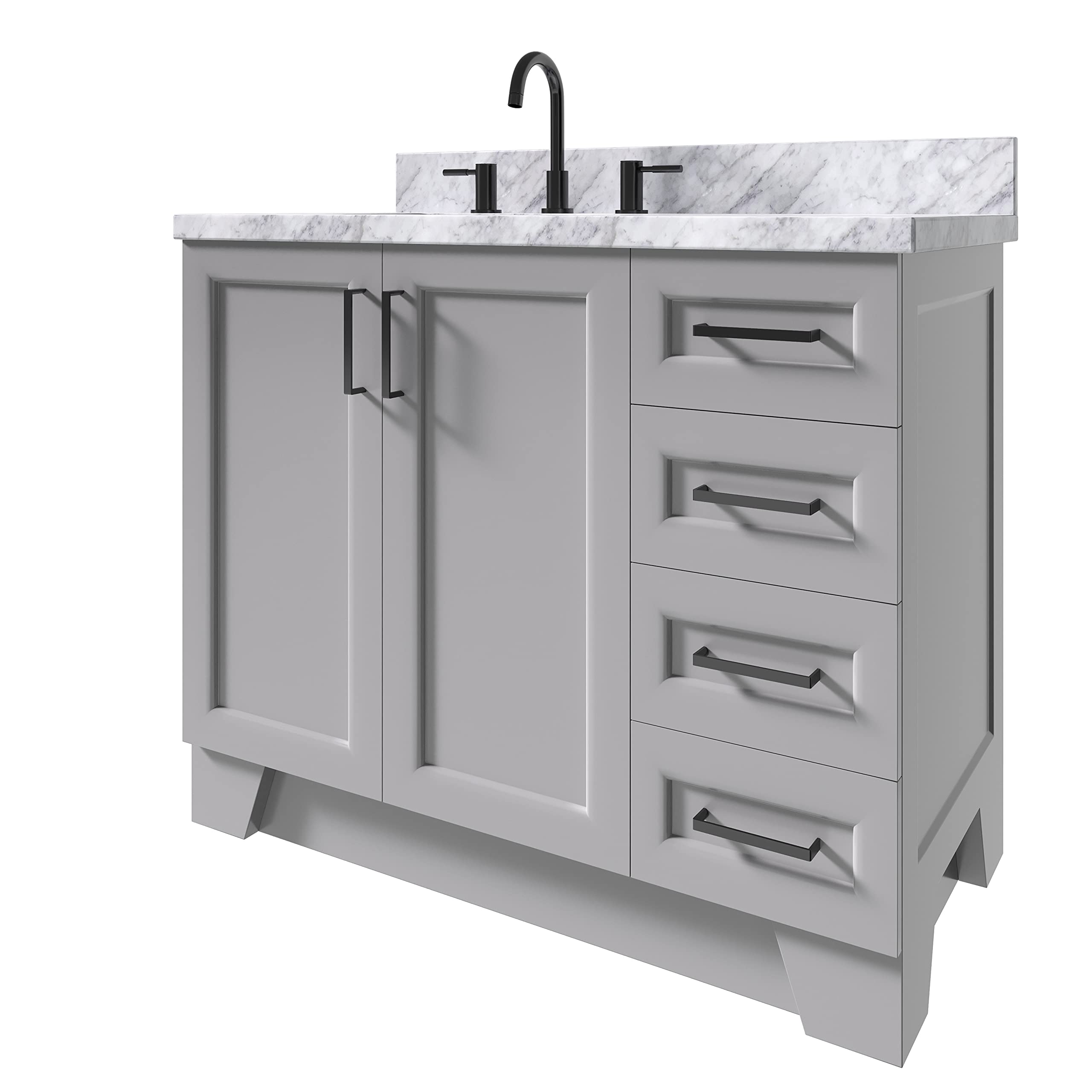 ARIEL 43" Grey Bathroom Vanity with 1.5" Edge Italian Carrara Marble Countertop & Backsplash, Left Oval Sink, 2 Soft Closing Doors, 5 Full Extension Dovetail Drawers, Toe Kick, Matte Black