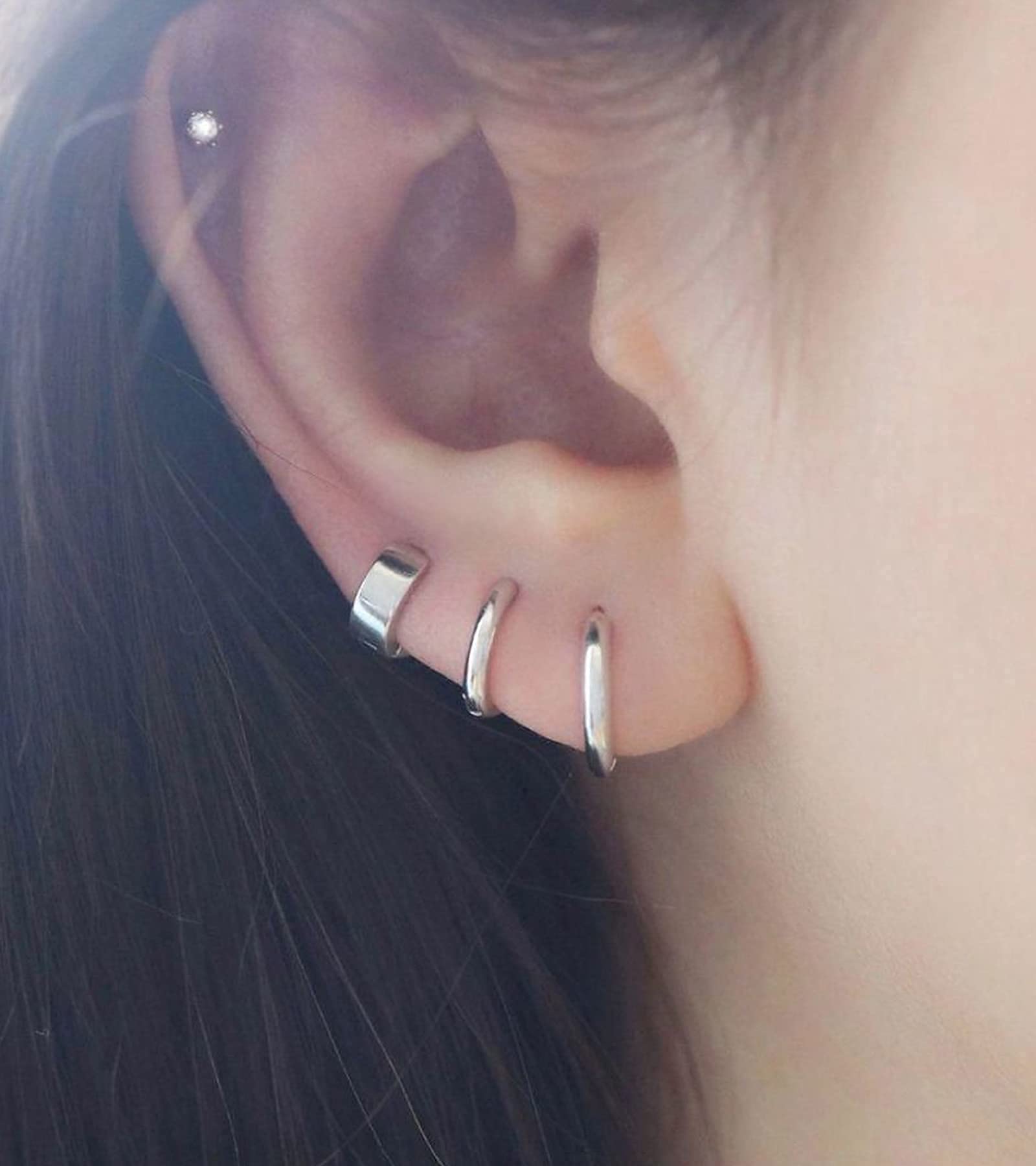 3 Pairs Small Hoop Earrings for Women Men, Sterling Silver Post Sleeper Cartilage Huggie Earring Set, 3mm in Width, Diameter in 8mm 10mm 12mm(Silver)