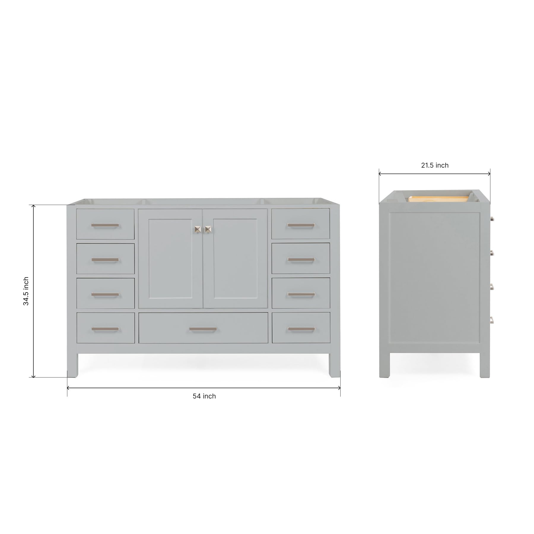 ARIEL 54" Grey Bathroom Vanity Base Cabinet, Single Sink Configuration, 2 Soft Closing Doors, 9 Full Extension Dovetail Drawers, Brushed Nickel