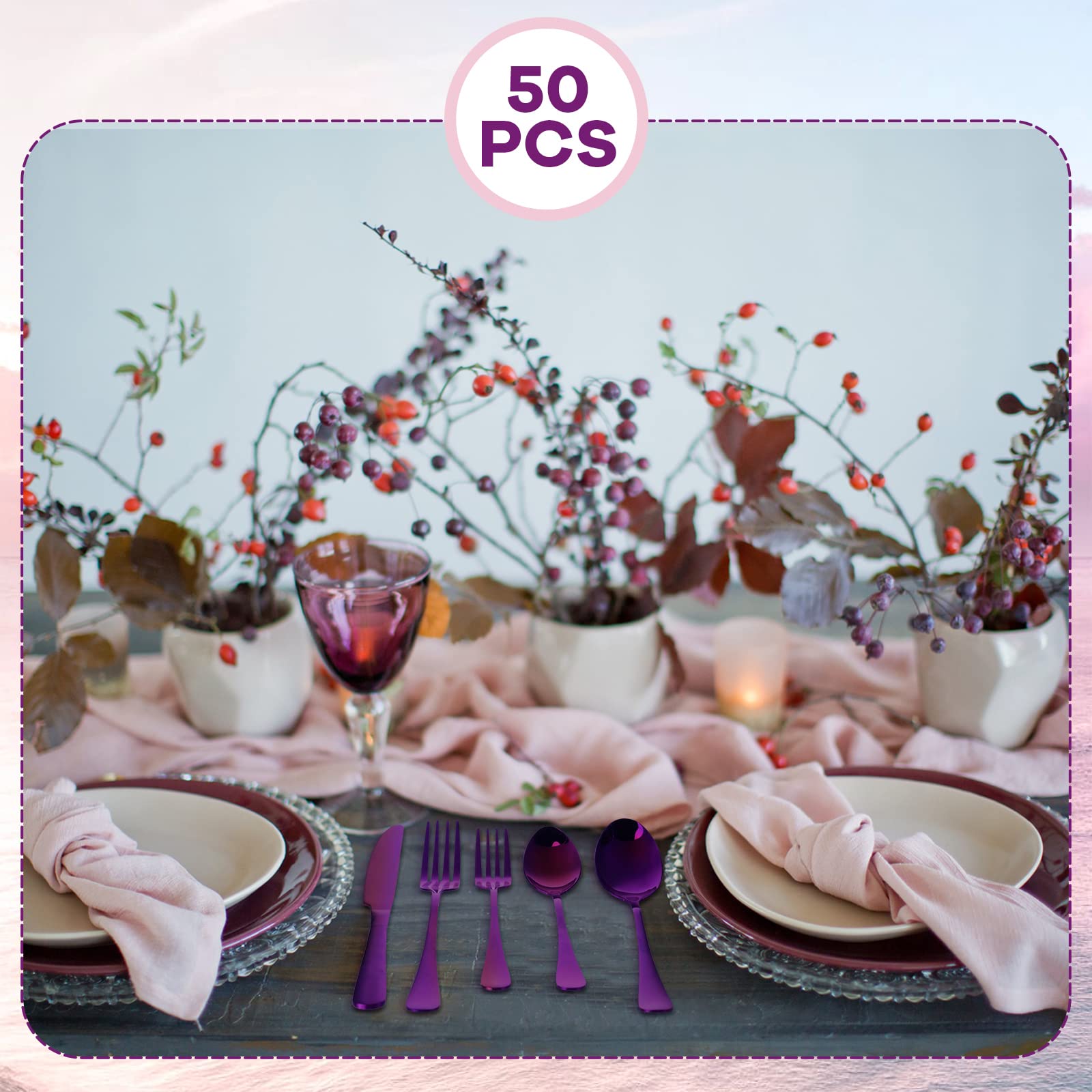 50 Pieces Purple Silverware Set Service for 10 Stainless Steel Flatware Set Metal Utensils Set Tableware Cutlery Set Including Knife Forks Spoons for Home Wedding Restaurant Table Dishwasher Safe