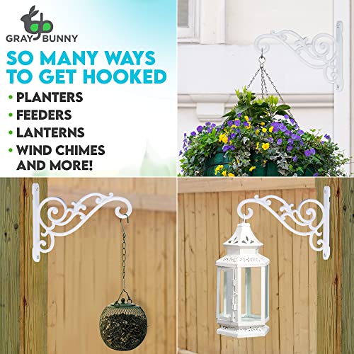 Gray Bunny Outdoor Plant Hanger Hook, 8” Large Victorian Heavy Duty Iron Wall Hooks for Bird Feeders, Lanterns, Wind Chimes, Patio Decor - White