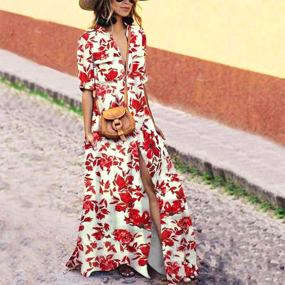 F_Gotal Womens Bohemian Printed Loose Button Stripe Roll Up Sleeve Maxi Dress with Pockets Beach Sundress Party Cocktail