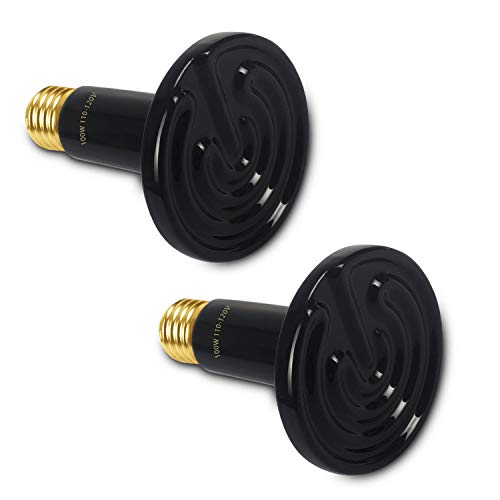 CRLight 100W 2 Pack Ceramic Heat Emitter Infrared Heat Lamp Bulb for Reptile Amphibian Pet Brooder Coop Chicken Lizard Turtle Snake Aquarium, No Light No Harm, ETL Listed, Black
