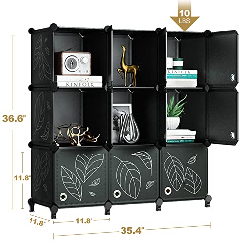 GREENSTELL Cube Storage Organizer, 9-Cube Closet Organizer with Doors, DIY Plastic Storage Cubes Organizer, Modular Storage Cabinet Book Shelf Shelving for Bedroom, Living Room, Office Black