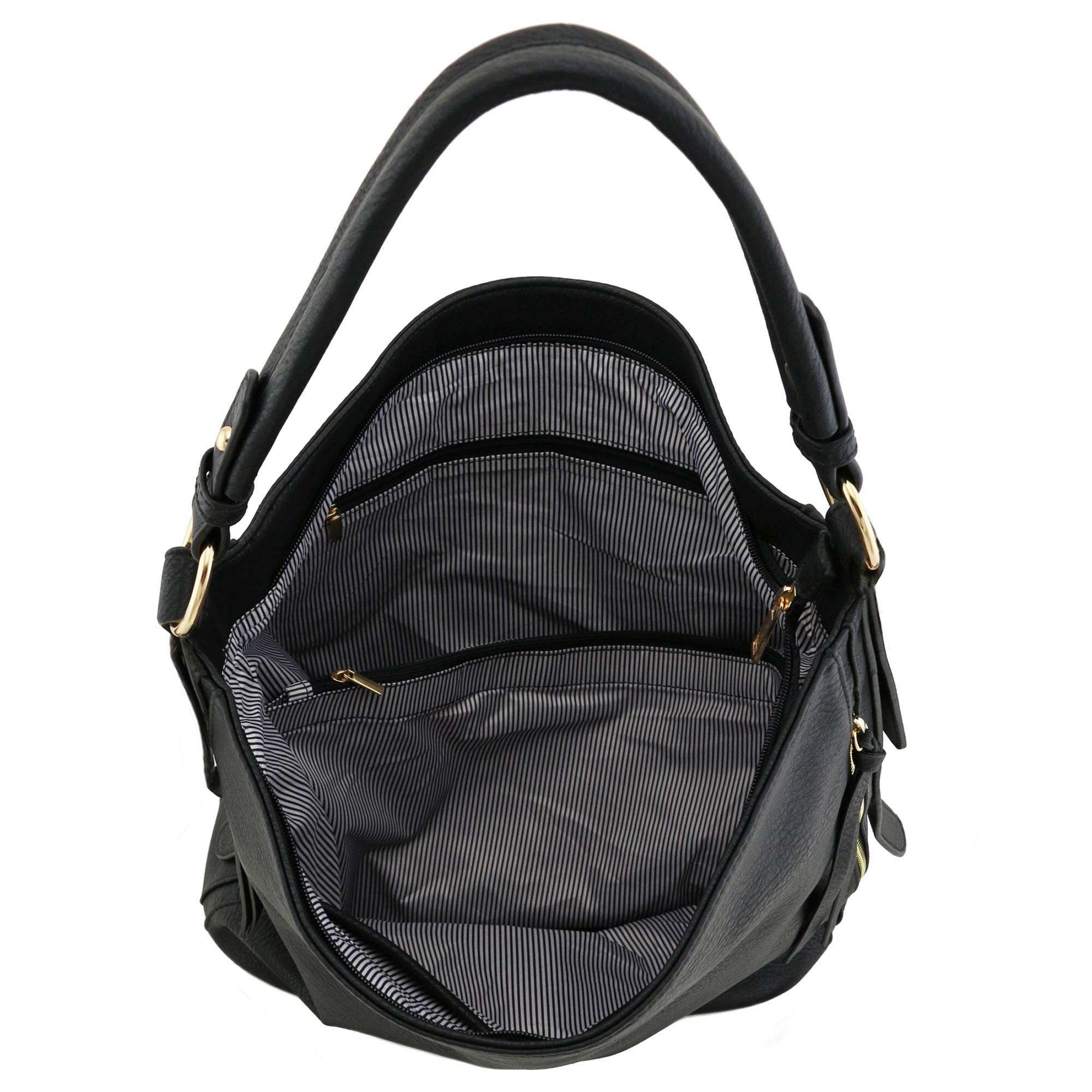 2pc Set Faux Leather Large Hobo Bag with Pouch Purse (Black)