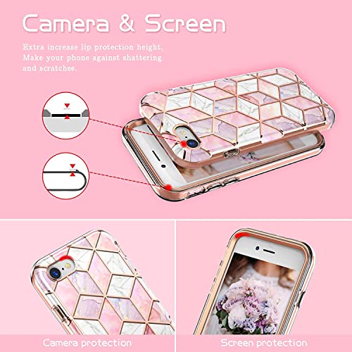 Hasaky Case for iPhone SE 2022 Case,iPhone SE 2020 Case,iPhone 8 Case,iPhone 7 Case,iPhone 6s/6 Case,Dual Layer TPU+PC Heavy Duty Anti-Scratch Shockproof Protective Phone Case - Pink/Rose Gold Marble