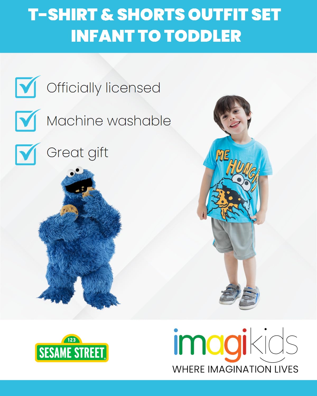 Sesame Street Cookie Monster Infant Baby Boys Graphic T-Shirt and Shorts Outfit Set Blue/Gray 24 Months
