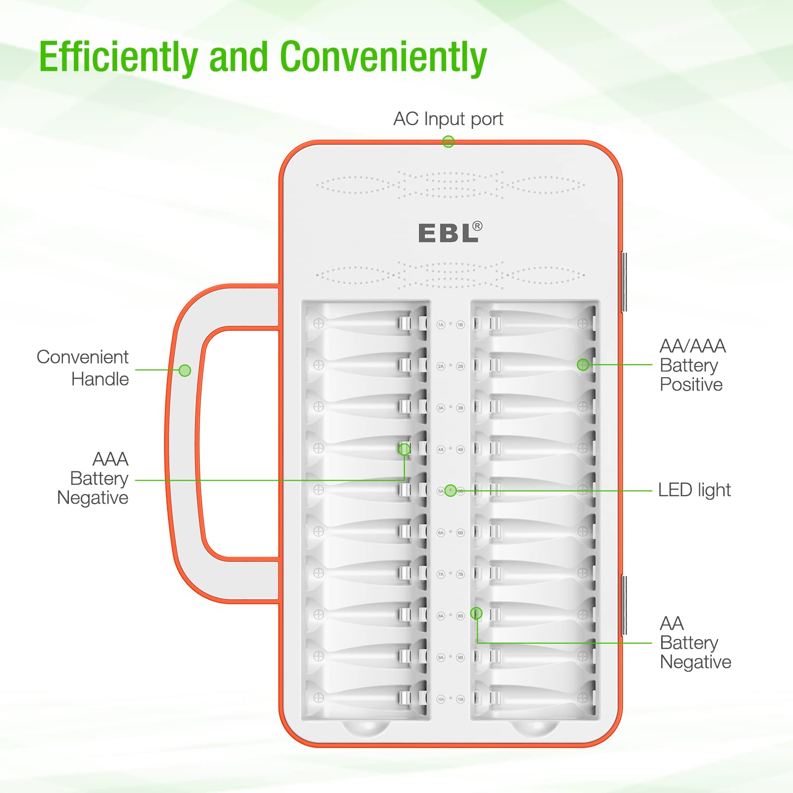 EBL 40Slot Battery Charger for 1/2/3...19/20/21...38/39/40 pcs AA AAA Rechargeable Batteries - Advanced Multiple Battery Charger - Handle Design(Batteries not Included)