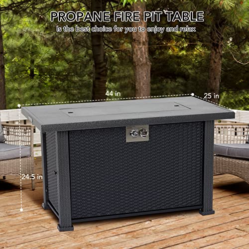 44 Inch Propane Fire Pit Table, 50000BTU Rectangle Fire Table with Cover & Rain Cover, Sturdy Steel and Iron Fence Surface, CSA Safety Certified