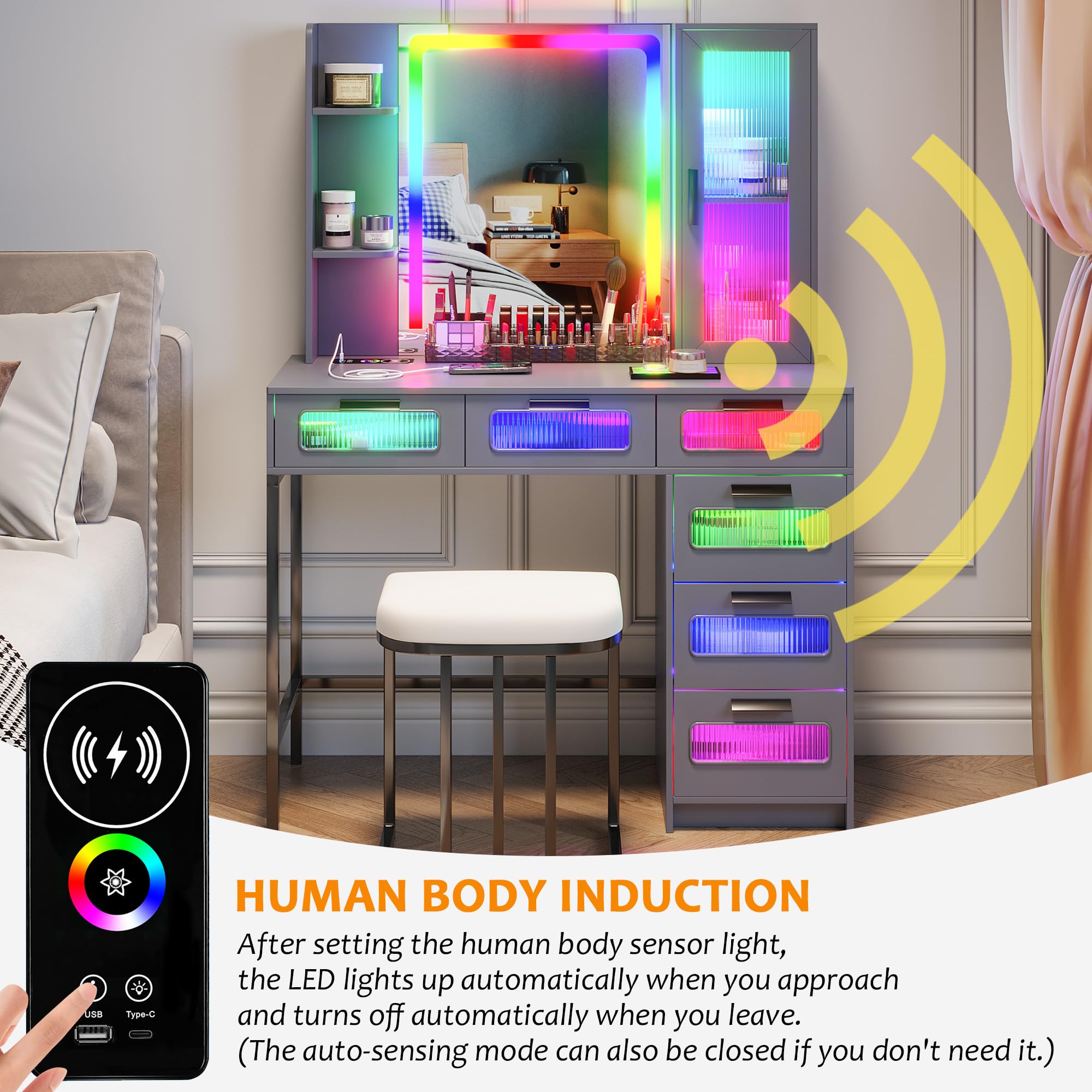 SKKTKT RGB LED White Vanity Desk with Mirror and Lights, 39.5" Makeup Vanity Table with Auto Sensor Flow Dazzling Lights and Wireless/USB/Type C Charging, Dressing Table with Stool and 6 Drawers