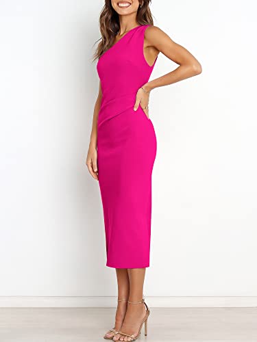 ANRABESS Women's Summer One Shoulder Ruched Bodycon Sleeveless Slit Cocktail Party Wedding Midi Dresses Ci872-meihong-L