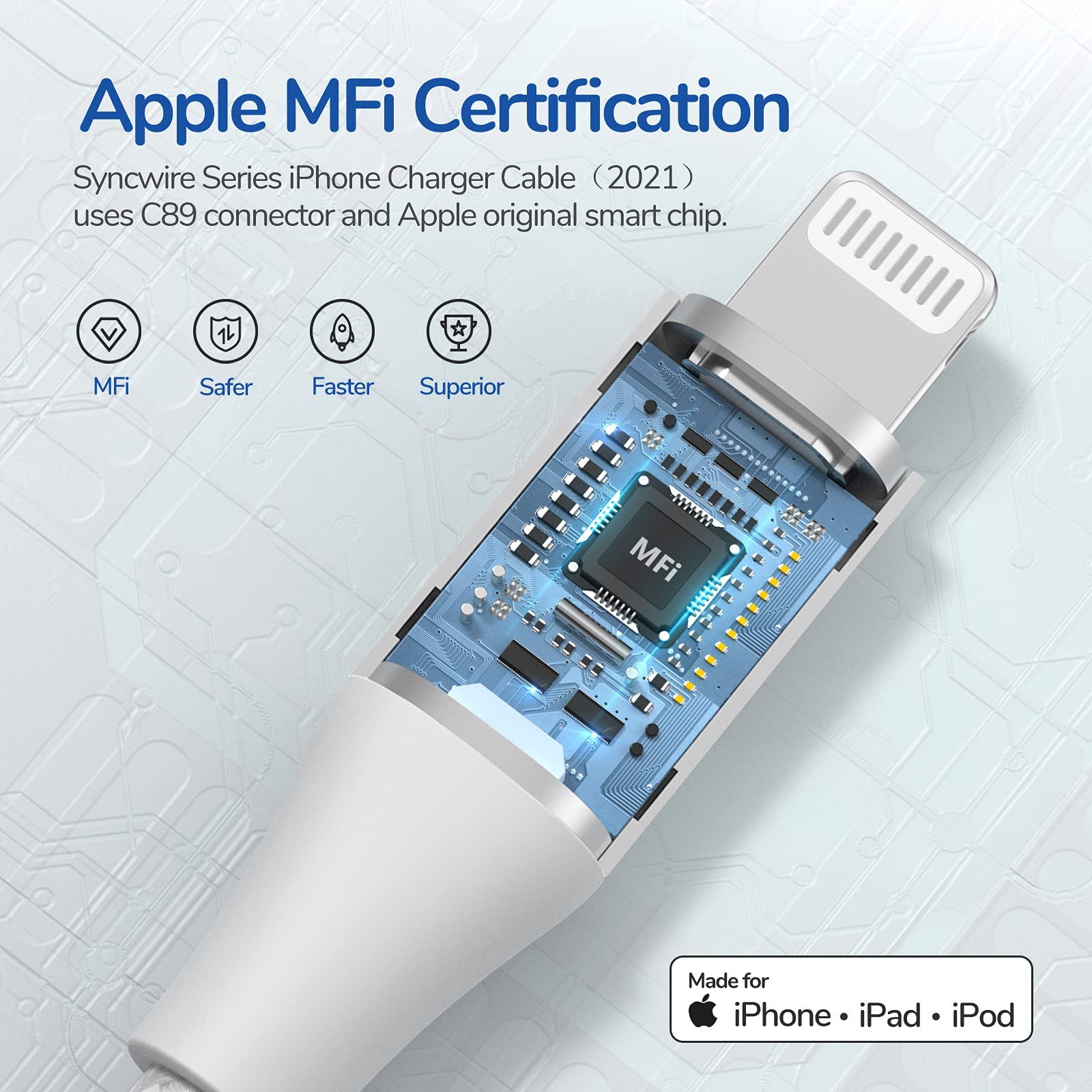 SYNCWIRE iPhone Charger Cable 10ft, [Apple MFi Certified] Long Lightning to USB Cable Double Braided Nylon iPhone Cord Compatible with iPhone 13 12 Mini 11 Pro Max XS XR X 8 7 6 Plus, Silver, 10 Foot
