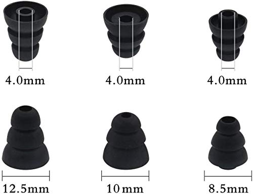JNSA 3 Flange Noise Cancelling Triple Flange Eartips Eargels Earpads Ear Tips Gels Bud Compatible with Inside Diameter 4mm-5mm Earbuds in-Ear Earphones(Inner Hole 4mm) ,S/M/L,6 Pairs, Black 3F6P3