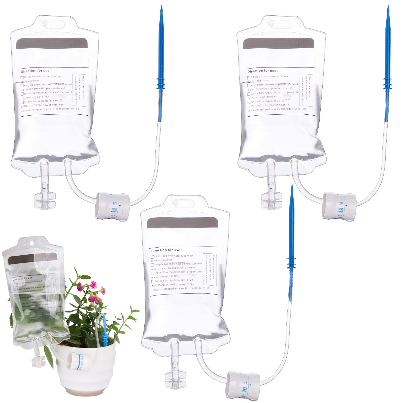 3 Pcs Drip Bag Automatic Watering Dripper Bag, 5-250ml/hrs Adjustable Control Valve Switch Plant Watering Bag Drip Irrigation Kit for Indoor Outdoor Plant Watering