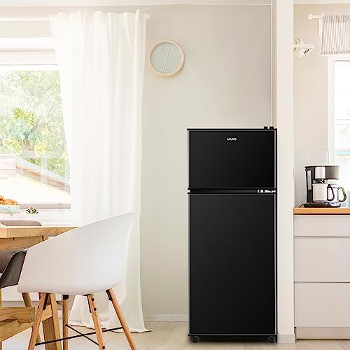 Anukis Compact Refrigerator 4.0 Cu Ft 2 Door Mini Fridge with Freezer For Apartment, Dorm, Office, Family, Basement, Garage, Black
