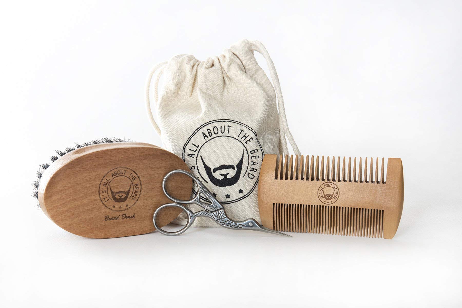 Best Premium Professional Beard & Brush Travel Gift Set Superior 100% Boar Bristle Brush Including Grooming Comb & Bonus Scissors Great For Trimming Beards Mustache or Goatee- It's All About The Beard