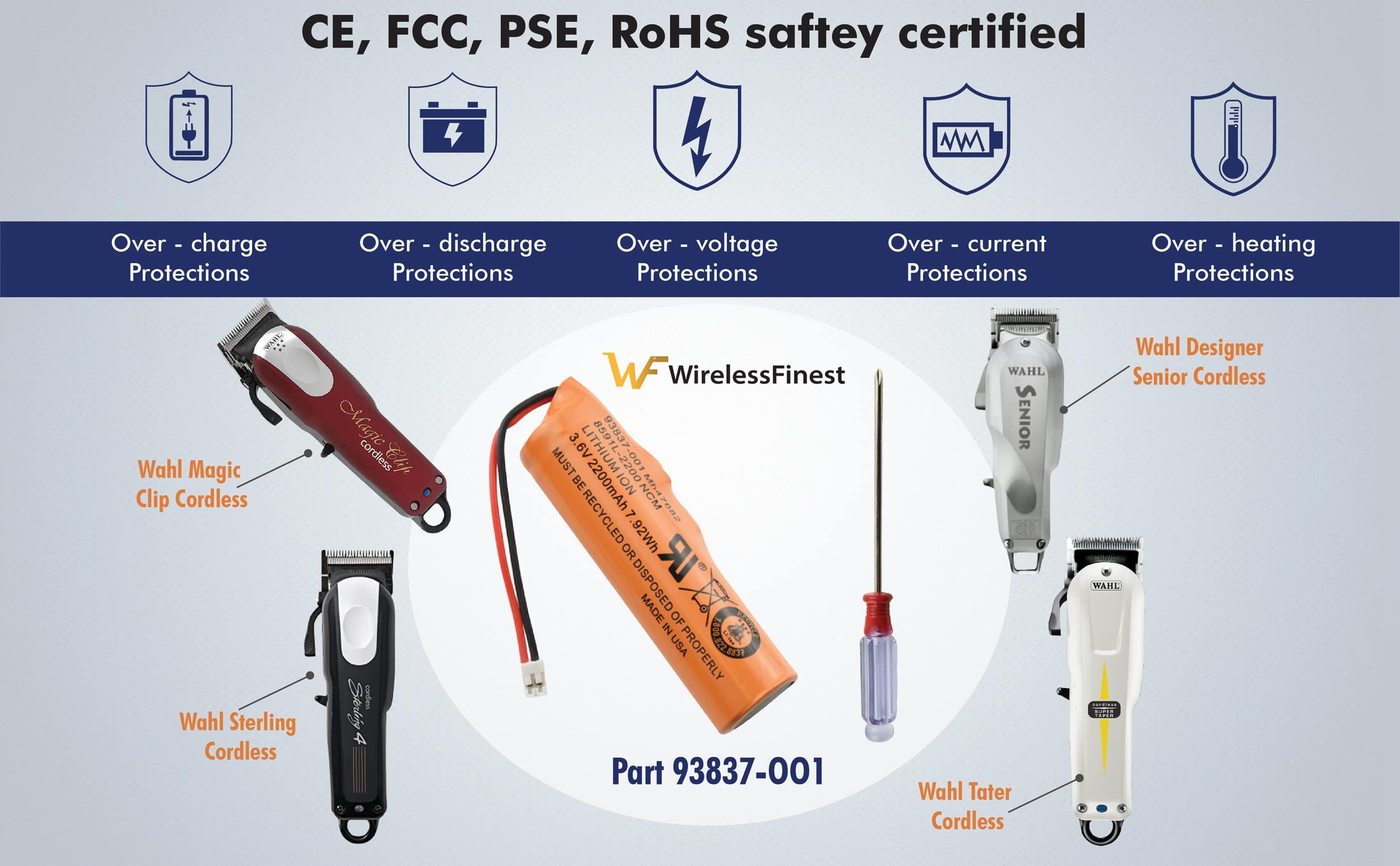 WirelessFinest Battery Replacement for Wahl Magic Clip Clipper Hair Cordless Designer Senior Sterling-4 Beretto Super Taper Part 93837-OO1 + Tool Repair Fix Dead Power Issue