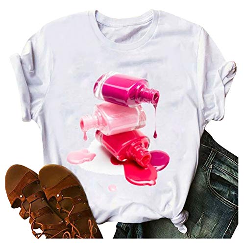 Womens Short Sleeve Tops Nail Polish Printed Tshirt Summer Versatile Tees White O Neck Pullover, Large
