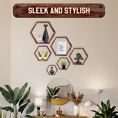 6 Piece - Hexagon Shelves Set | Honeycomb Floating Wooden Shelves | Great Hanging Shelf Option for Home or Office Wall Decor - Dark Brown