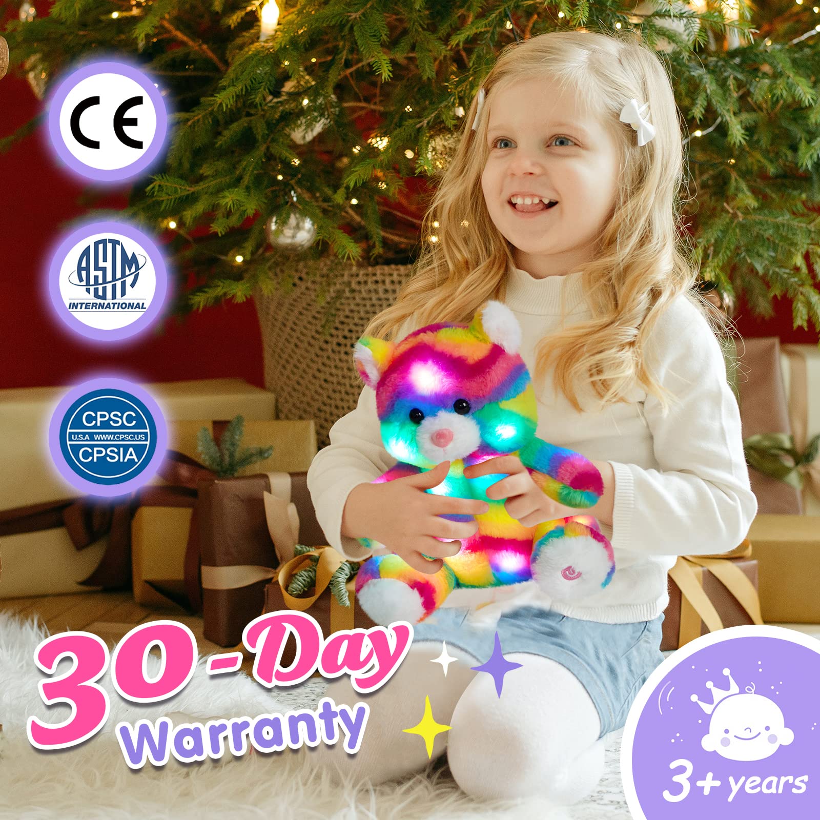 Athoinsu Light up Rainbow Music Teddy Bear Stuffed Animal LED Glowing Singing Night Light Cute Soft Plush Toy Gifts Decors for Toddlers Kids, 11"