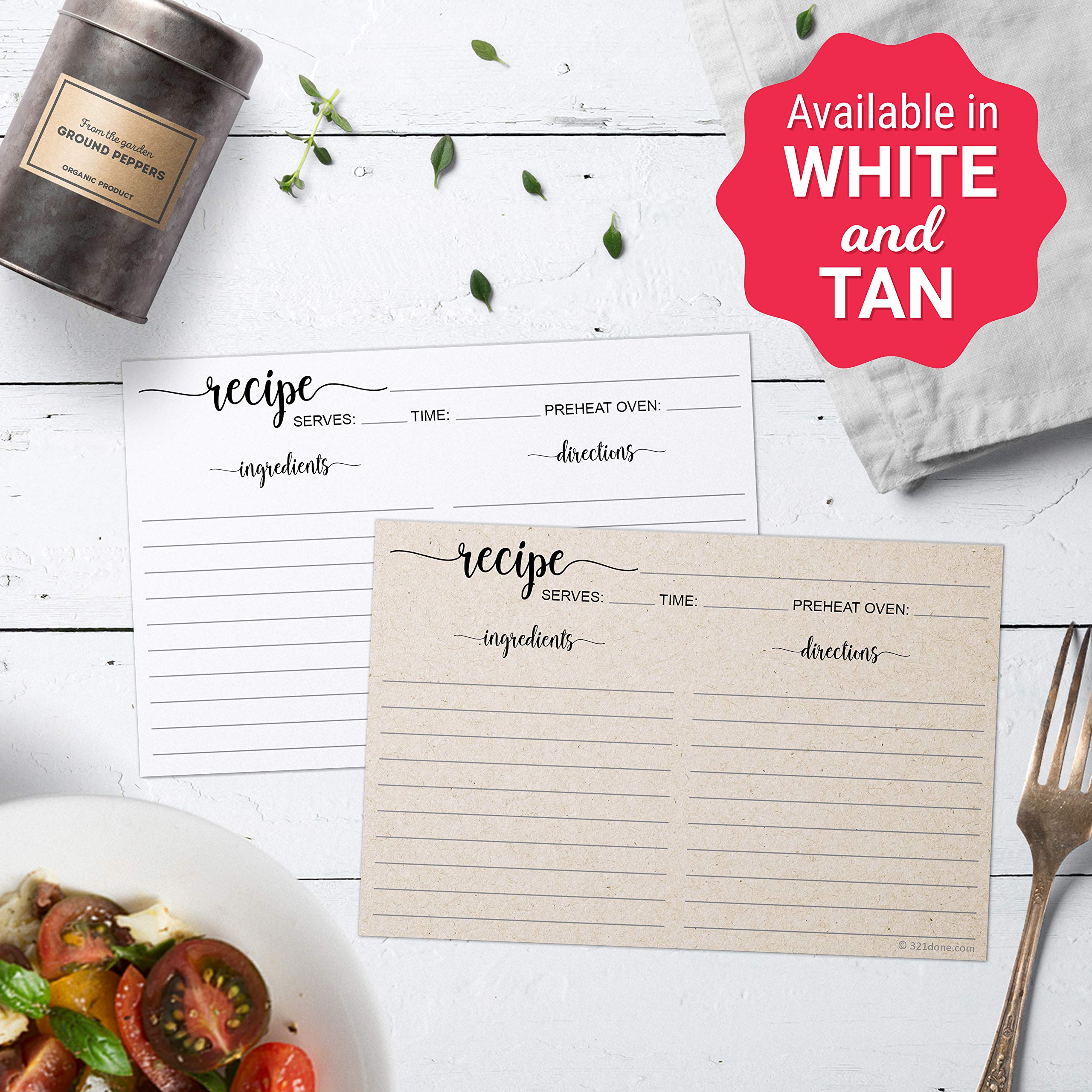 321Done Recipe Cards (Set of 50) 4x6 Large White - Black and White Minimalist for Weddings, Bridal Shower - Double-Sided - Made in USA