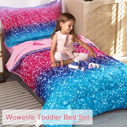 Wowelife 4 Piece Galaxy Toddler Bedding Sets Star Toddler Comforter Sets Pink Blue for Girls and Boys Gradient Glitter Comforter Sheet Set with Comforter, Fitted Sheet, Flat Sheet and Pillowcase
