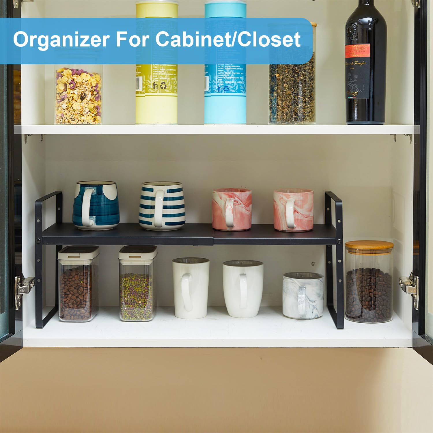 2 Pack Expandable Kitchen Cabinet Organizer Shelf, Stackable Kitchen Counter Storage Shelves Organizers, Adjustable Small Storage Shelf Rack Stand Riser For Mug Coffee Cup Dish Plate, Length: 25.5โ