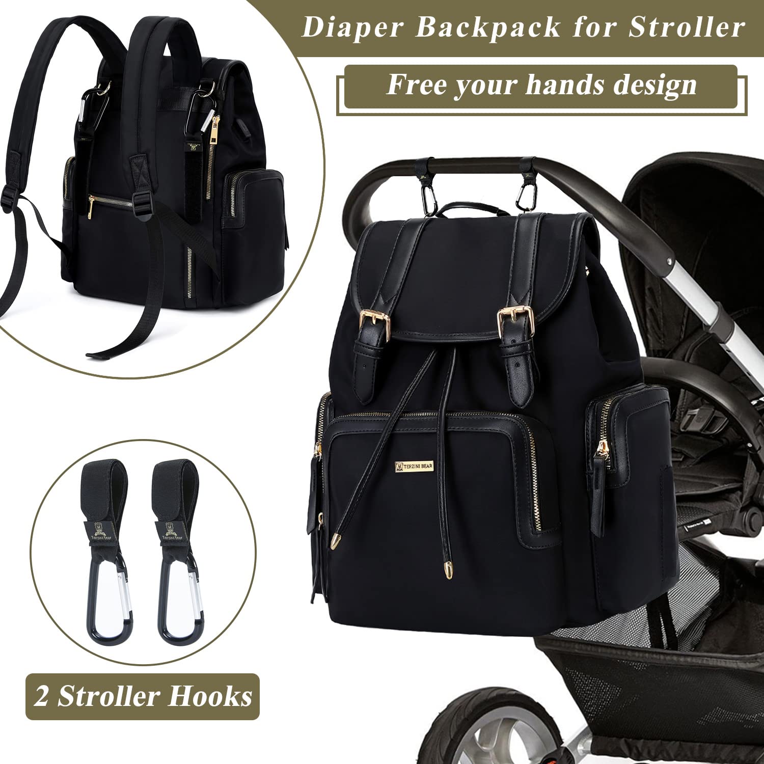 Terzini Bear Diaper Bag Backpack, Multifunction Diaper Bags for Baby with USB Charging Port,Stroller Hook,Changing mat(Black)