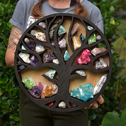 Crystal Shelf Display Crescent Moon Rack Witchy Crystal Holder for Stones Essential Oils Essentials Shelves Wall Decor Rustic Wooden Display Boho Meditation Home Decor (Model8 -Tree)
