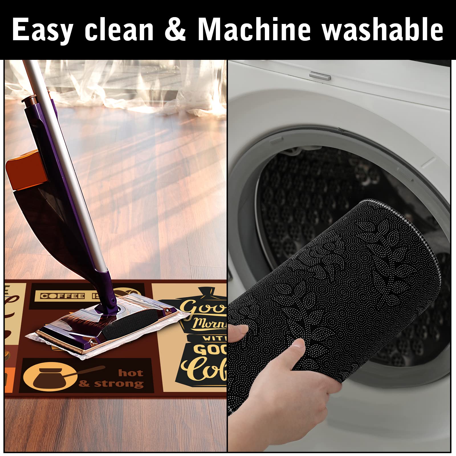 3 Pcs Kitchen Rug Set Non Skid Thick Black Kitchen Rugs and Mats Stain Resistant Anti Fatigue Mats for Kitchen Microfiber Floor Non Slip Backing Mat, 15.7 x 47.2, 15.7 x 23.6 (Coffee Style)