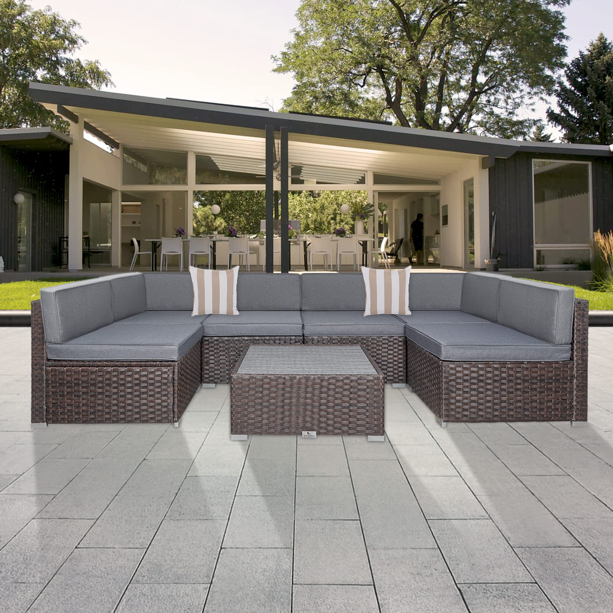 7 Piece Outdoor Patio Furniture Set with Cushions, PE Rattan Wicker Modular Outdoor Sectional L Shape Patio Conversation Sofa Set with Coffee Table, and Two Pillows (Dark Brown/Gray)