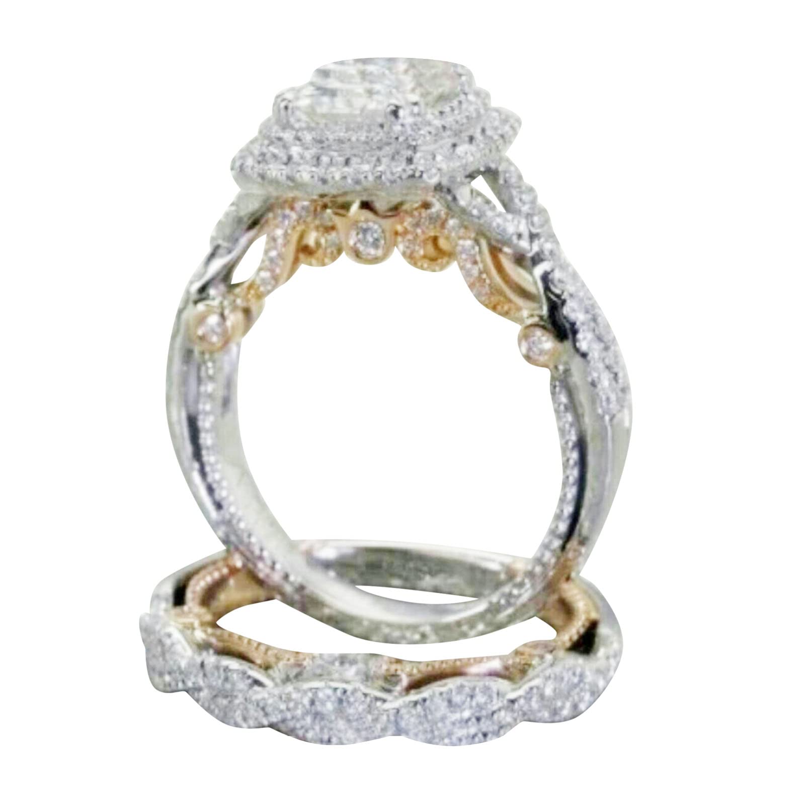 2PCS Gold Plated Square Diamond Princess Ring Set, Gold Diamond Engagement Wedding Ring Designs