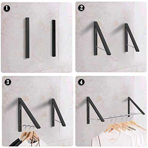 Anjuer Retractable Clothes Rack - Wall Mounted Folding Clothes Hanger Drying Rack for Laundry Room Closet Storage Organization, Aluminum, 2 Racks with Rod (Black)