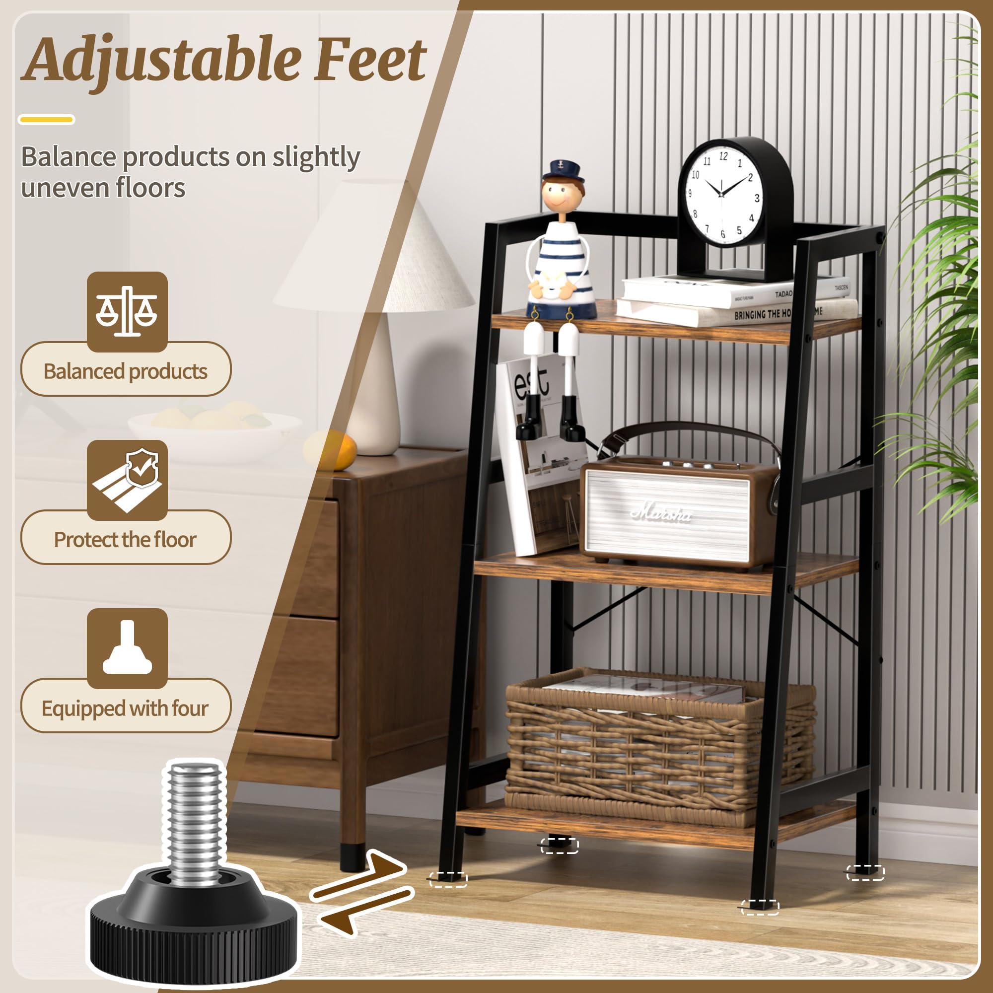 3-Tier Bookshelf, Ladder Shelf, Industrial Bookcase with Steel Frame, Metal Small Bookcase, for Living Room, Home Office, Kitchen, Bedroom, Industrial Style(Rustic Brown & Black)