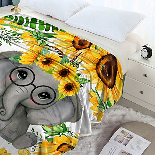 Super Soft Blanket Glasses Elephant and Sunflower Light Weight Throw Quilt Comfy Fluffy for Bed Sofa Suitable All Seasons 50"X40" for Kid Small