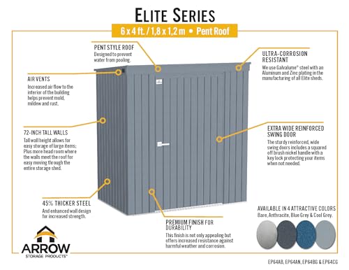 Arrow Shed Elite 6' x 4' Outdoor Lockable Steel Storage Shed Building with Pent Roof, Cool Grey