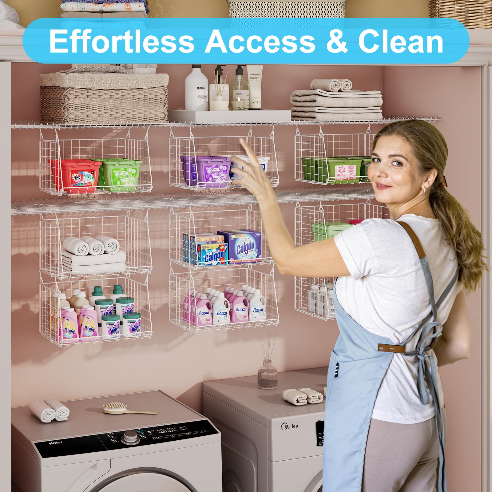 3-Tier Hanging Laundry Basket Organizer:Foldable Wire Shelf Laundry Room Organizer with 360°Rotating Hooks Space Saving Over Washer and Dryer Shelves - Metal laundry organization and storage, white