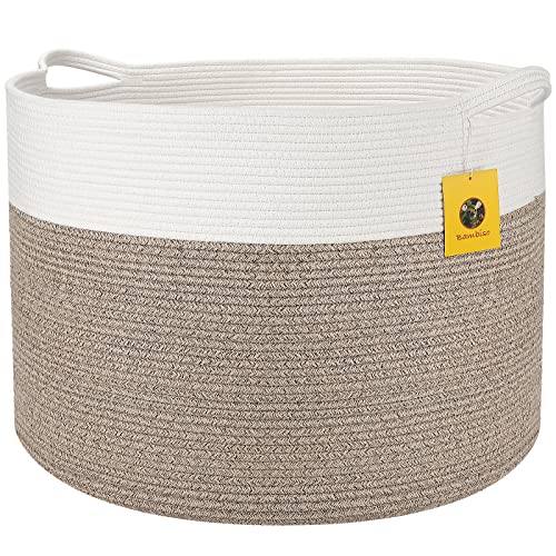 Bambiso XXXXLarge Brown and White Cotton Rope Basket Mega Size 22"x22"x16" Blanket Basket Woven Fabric Storage Laundry Basket, Kids Toys Bin, Baby Nursery Organizer or Hamper, Floor Decor Basket
