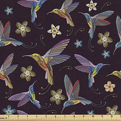Lunarable Hummingbird Fabric by The Yard, Abstract Colorful Birds Flying with Flowers Tropical Vintage Style Illustration, Decorative Fabric for Upholstery and Home Accents, 1 Yard, Maroon Lilac