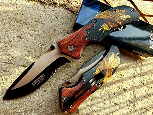 8.5" Spring Assisted Pocket Knife for Men Blade Eagle Wood Handle with Ultra Sharp Blade Premium Tactical Folding Knife Survival Hunting Camping Knives