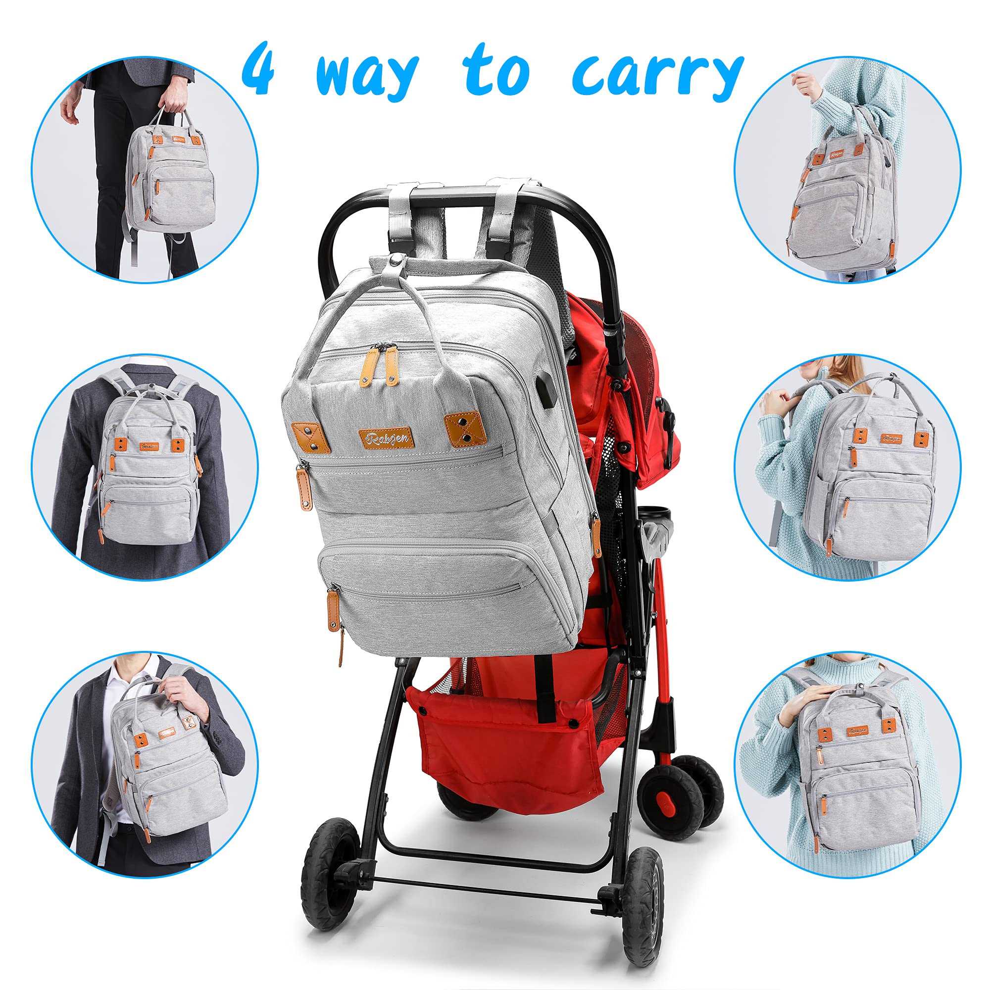 Rabjen Diaper Bag Backpack, Transformable Baby Bag, Spacious Enough for Twins' Stuff, Multifunction Back Pack, Gray