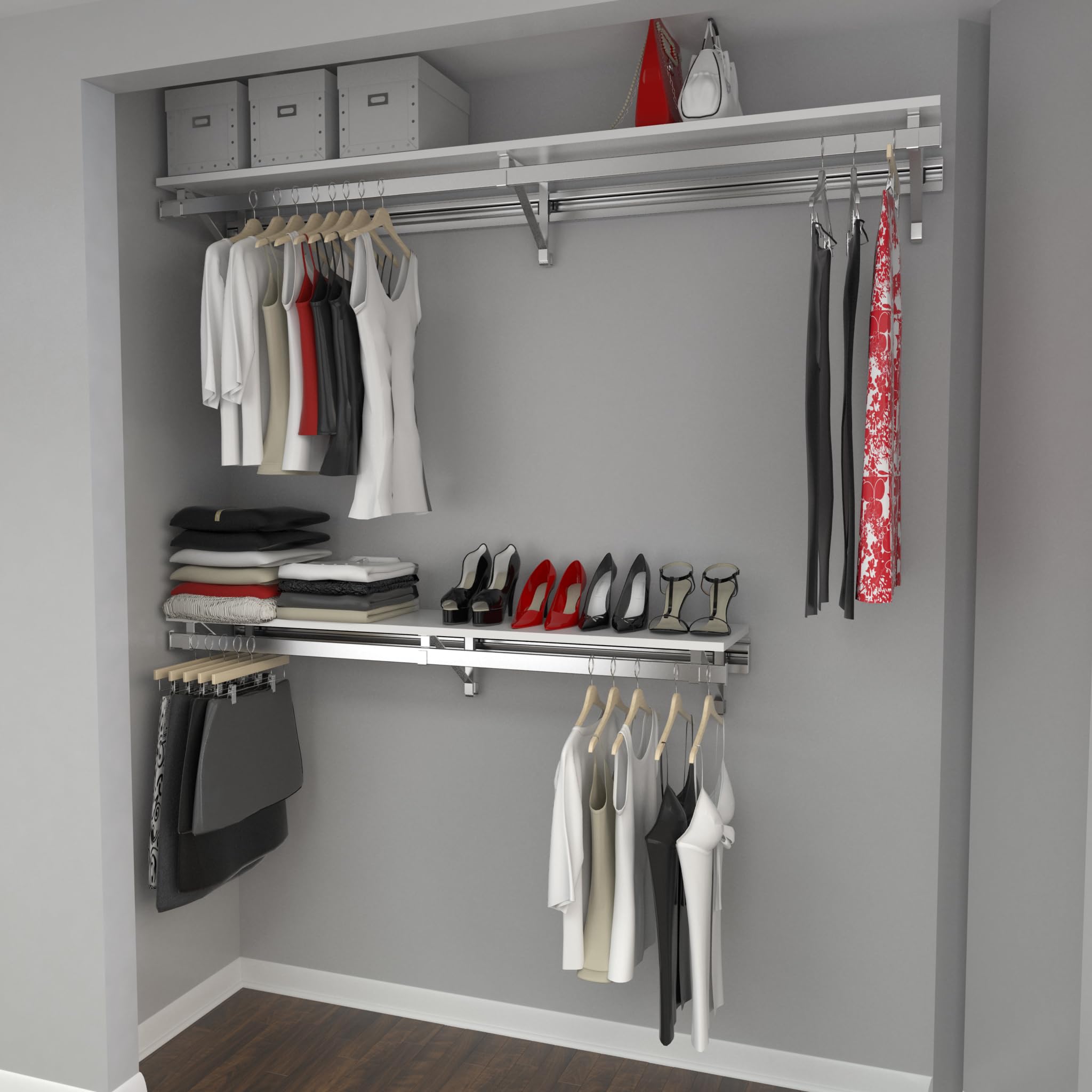 Arrange A Space RCMBY Elite 64" Top and Bottom Shelf Rod kit with Long Hang White Closet System, 69x13x6 inch
