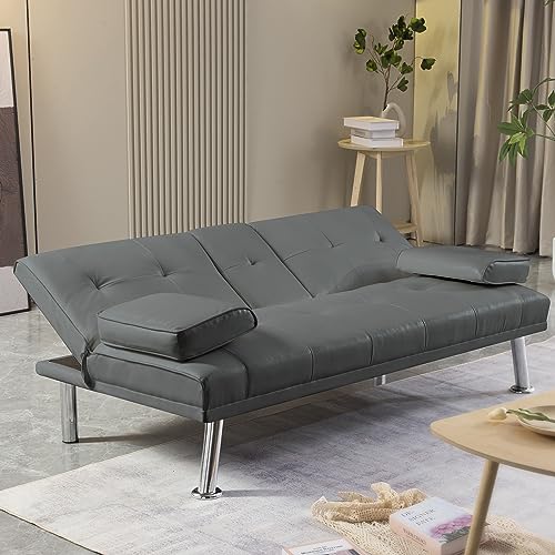 Anwick Modern Leather Futon Sofa Bed,Convertible Folding Couch Recliner Sleeper Loveseat for Small Space,Apartment,Office,Dorm,with Cup Holders and Removable Armrest (Gray-New)