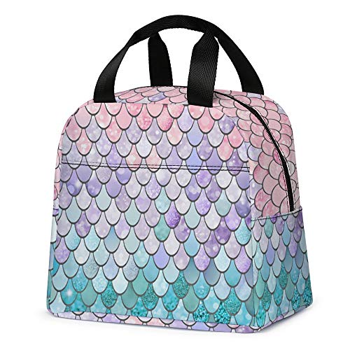 Lunch Bag, Cute Kids Reusable Cooler Lunch Tote Bag Insulated Leakproof Lunch Box Container with Front Pocket for Girls Boys School Work Picnic (Pink Meraid Scale)