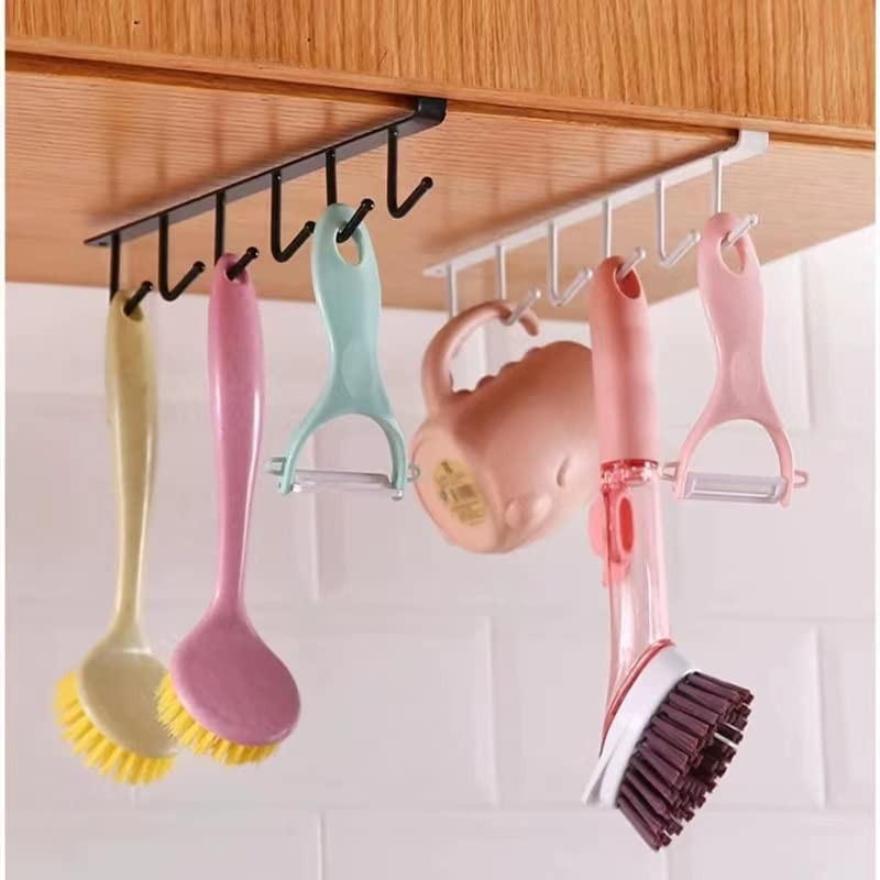 2pcs Multi-Hooks Under The Cabinet 6-Hook Hanging Hook Rack Kitchen Utensil Cupboard Hanger Chest Organizer Cup Holder for Coffee Bar, Fit for 0.8 Inch Thickness Shelf or Less, Nail Free (Black)