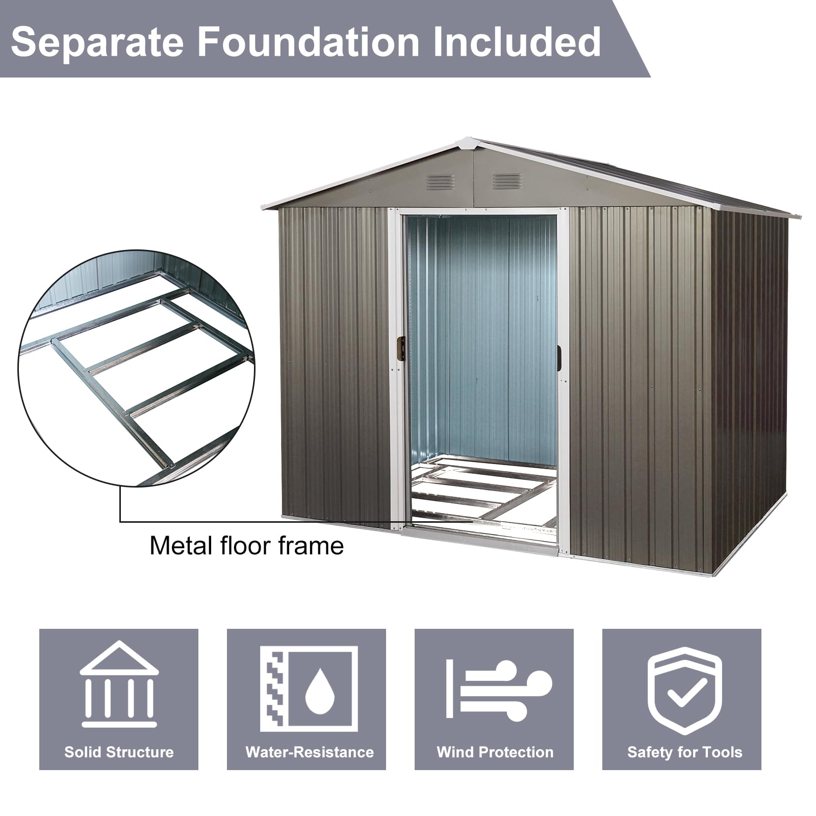 7'x5' Outdoor Metal Storage Shed with Floor Base, 4 Punched Vents and Pad-Lockable Sliding Doors, Tool House w/Eco-Friendly Painting, Waterproof&UV Resistant, for Backyard, Lawn, Patio, Gray